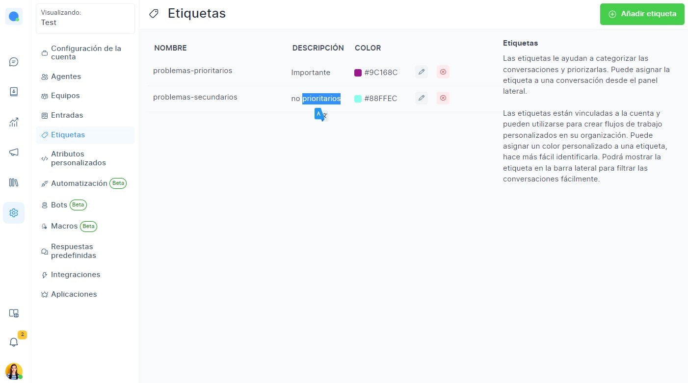 Etiquetas | Documentación Chat Buho